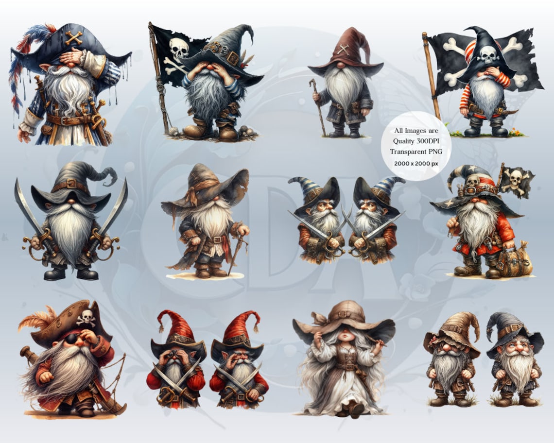 30 Cute Pirate Gnomes Clipart PNG Set 2 Watercolour Gnomes DIY and ...