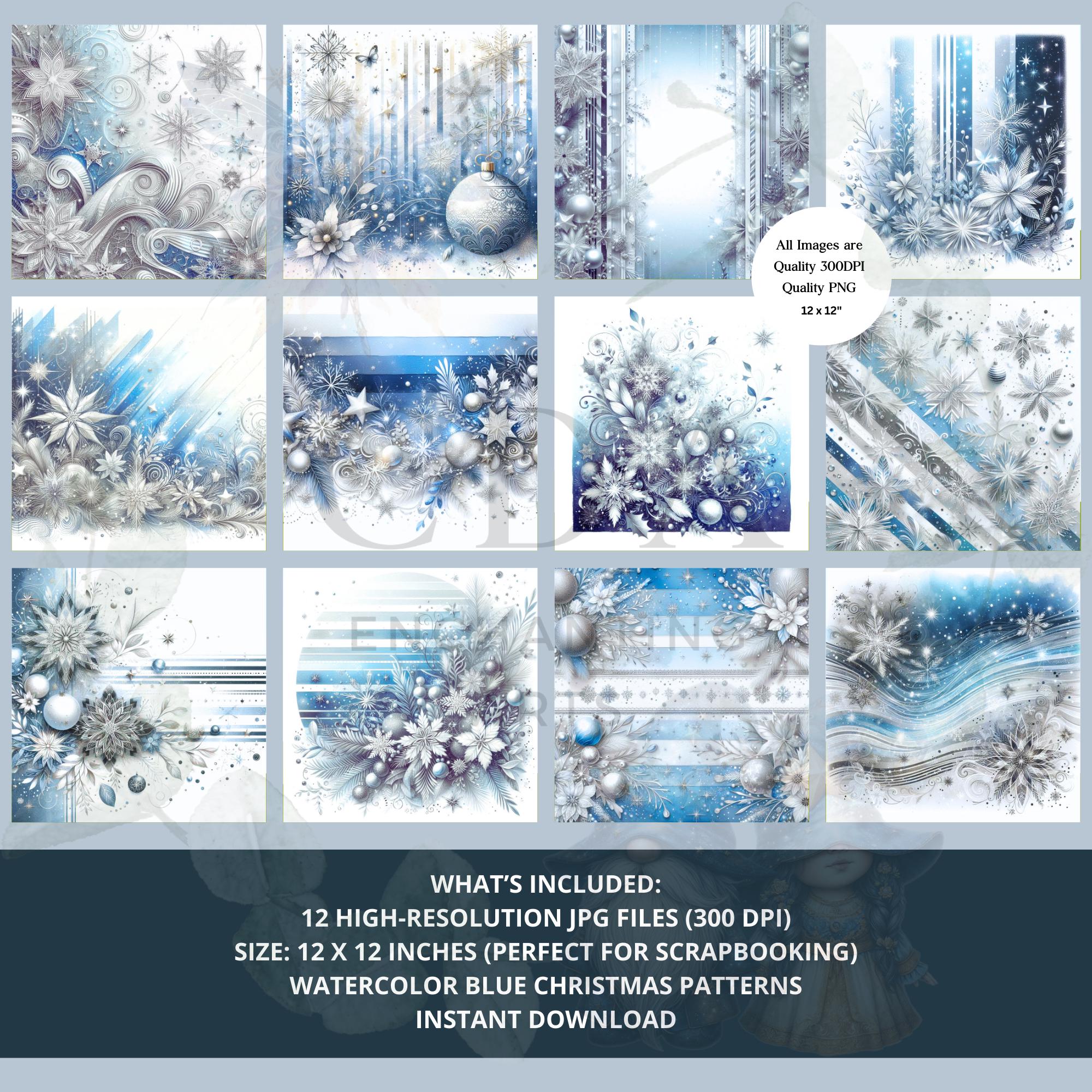 Blue Christmas Digital Paper | Watercolor Unique Christmas Design ...