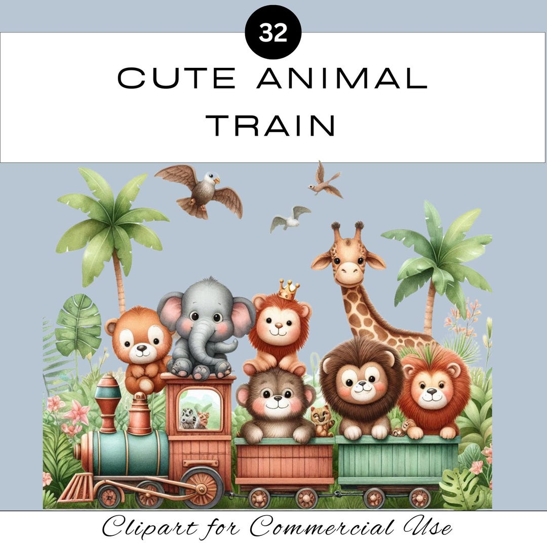 Cute Animal Train Clipart PNG | Watercolour Invitation Nursery | Junk ...