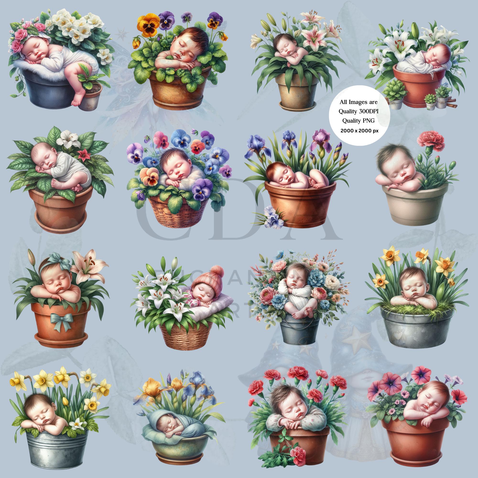 Flower Pot Baby PNG Clipart Bundle | Watercolour Sublimation | Junk ...
