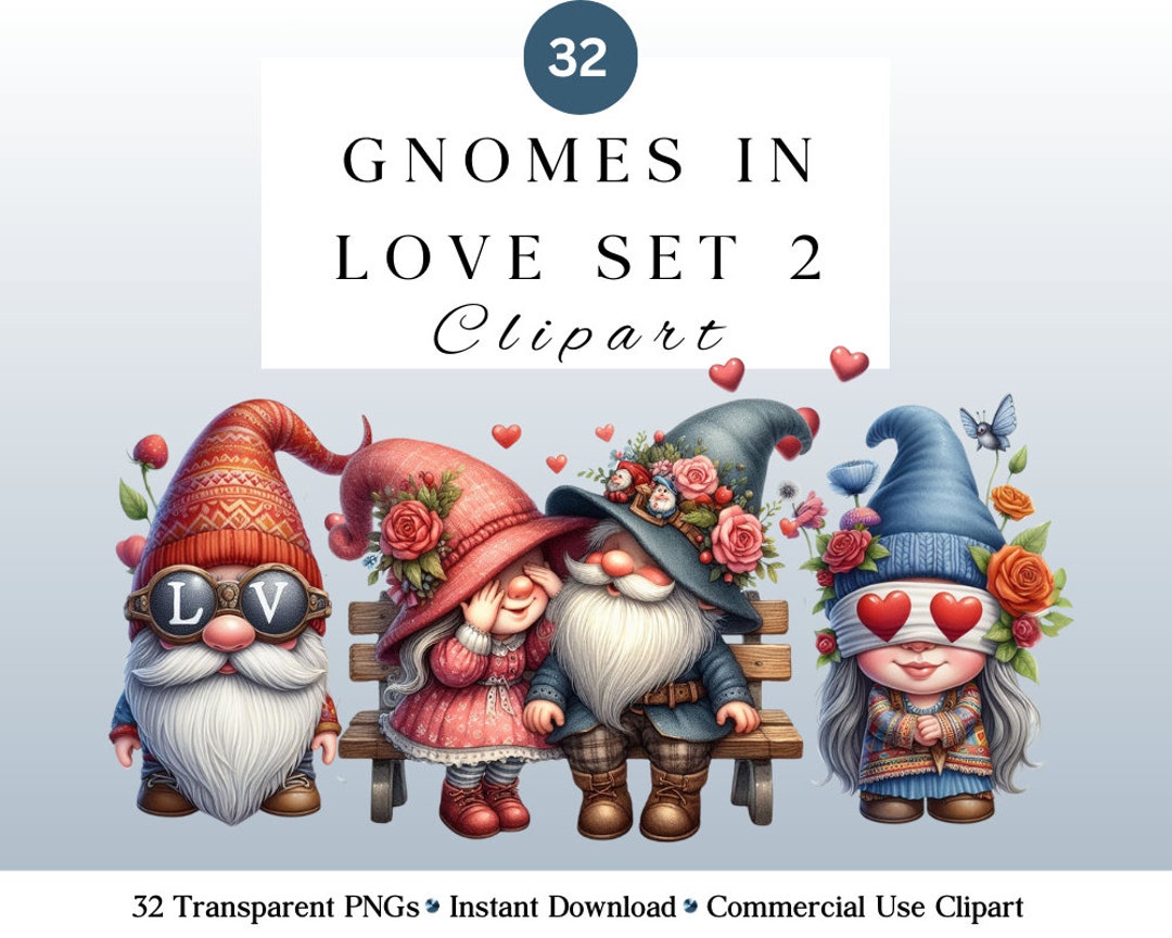 32 Gnomes in Love Clipart PNG Set 2 Valentines Gnomes Watercolour ...
