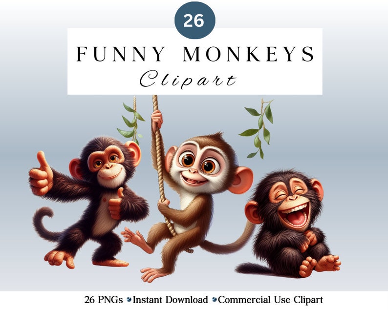 Funny Monkey Clipart Bundle Set 2 Cute Animal PNG Graphics for Creators ...