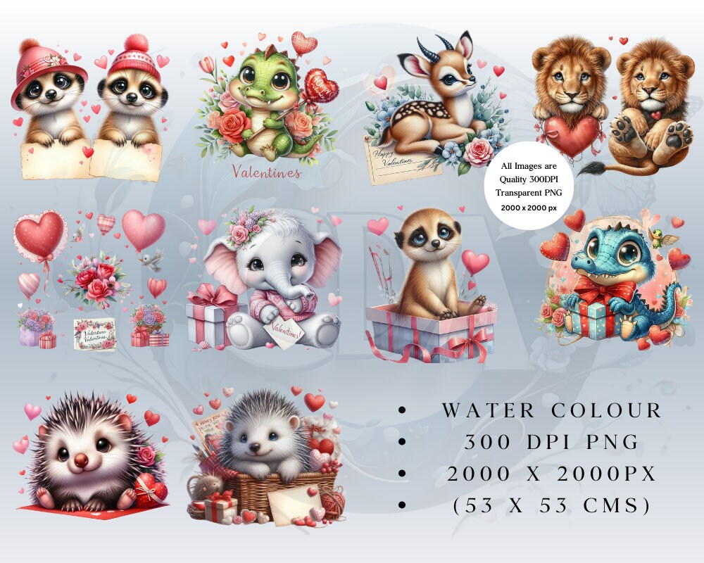 Cute Valentines Animals Clipart PNG | Watercolour Safari Animals in ...