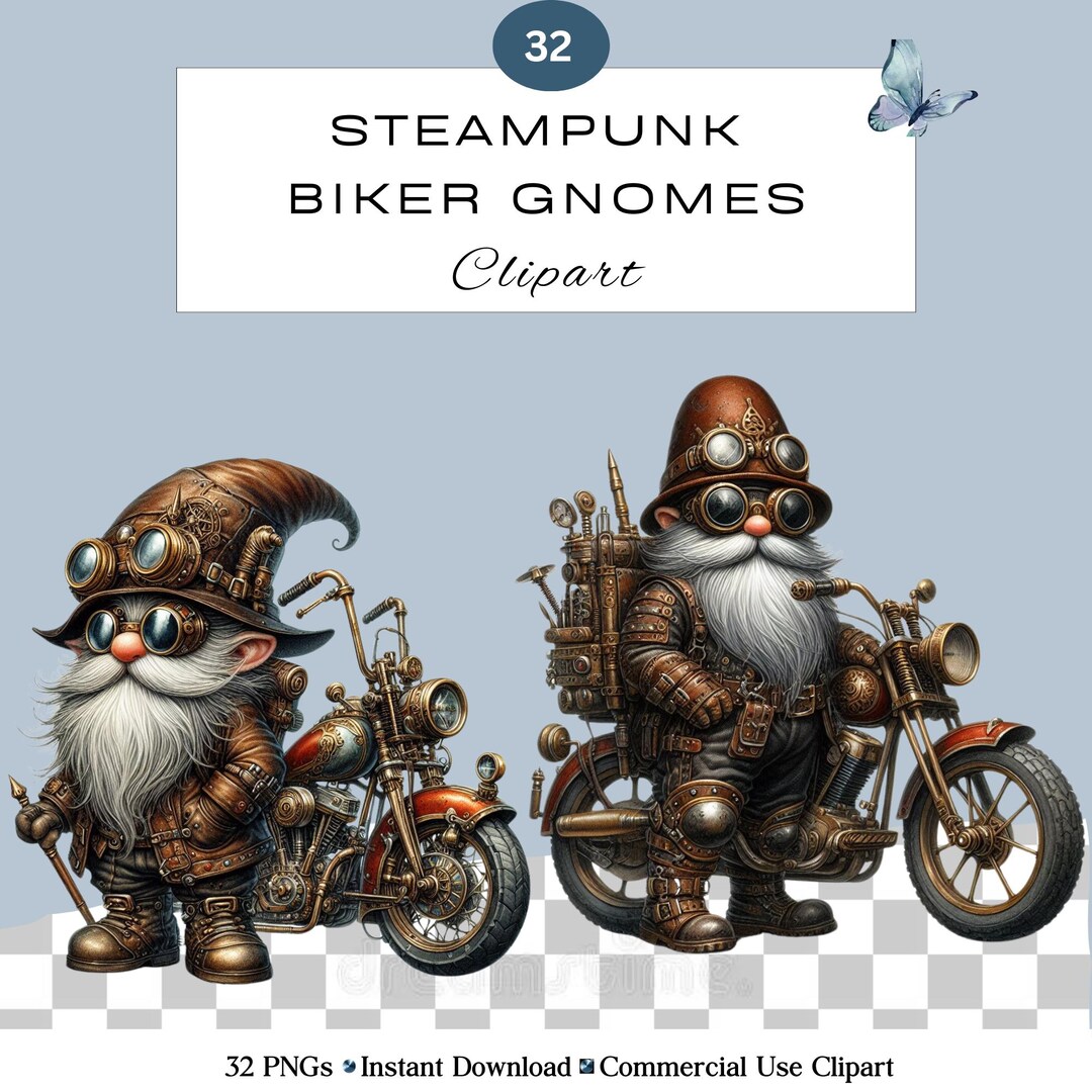 Steampunk Biker Gnome Clipart PNG | Watercolour Industrial Motorcycle Gnomes | Junk Journal ...