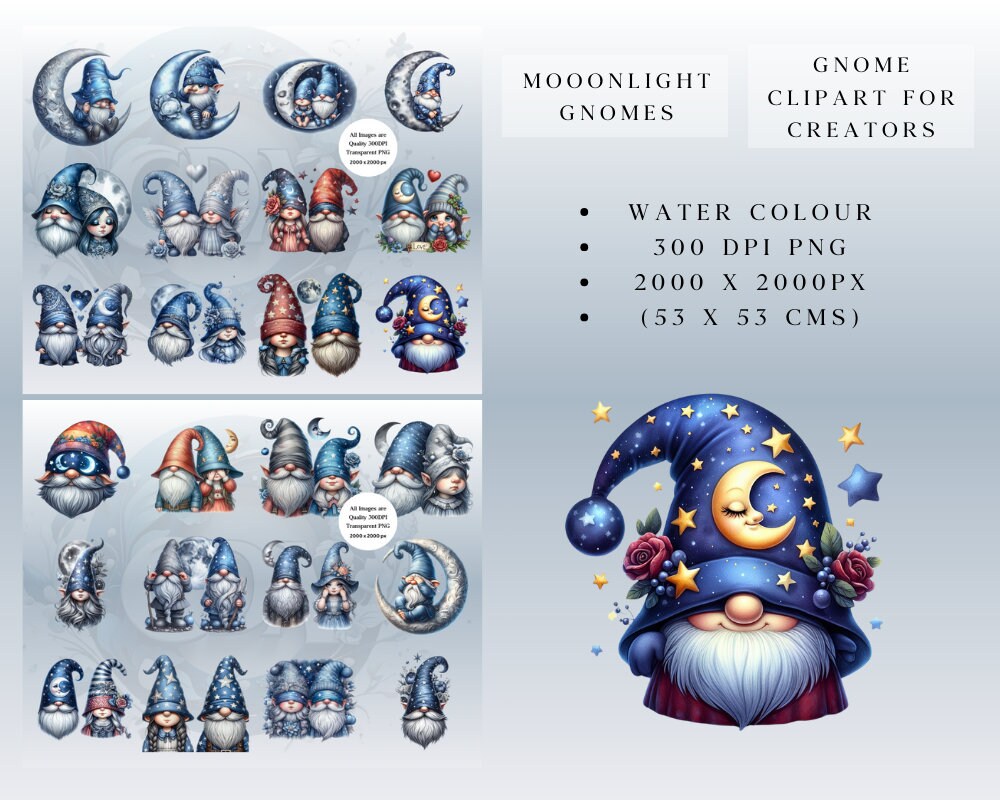 72 Moon & Stars Gnome Clipart PNG and JPG Bundle | Moonlight Gnomes ...