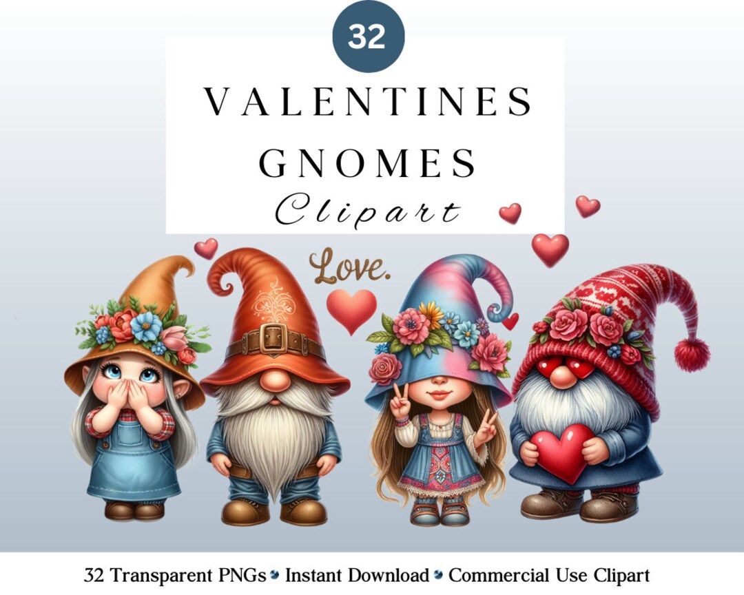 Valentines Gnomes Clipart PNG Set 2 Gnomes in Love Watercolour Gnomes ...