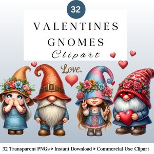 Valentines Gnomes Clipart PNG Set 2 Gnomes in Love Watercolour Gnomes ...