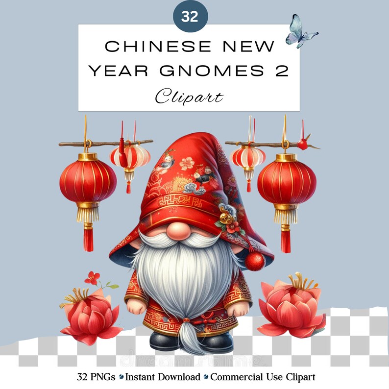 Cute Chinese New Year Gnomes Clipart PNG Set 2 Watercolour Fengshui ...