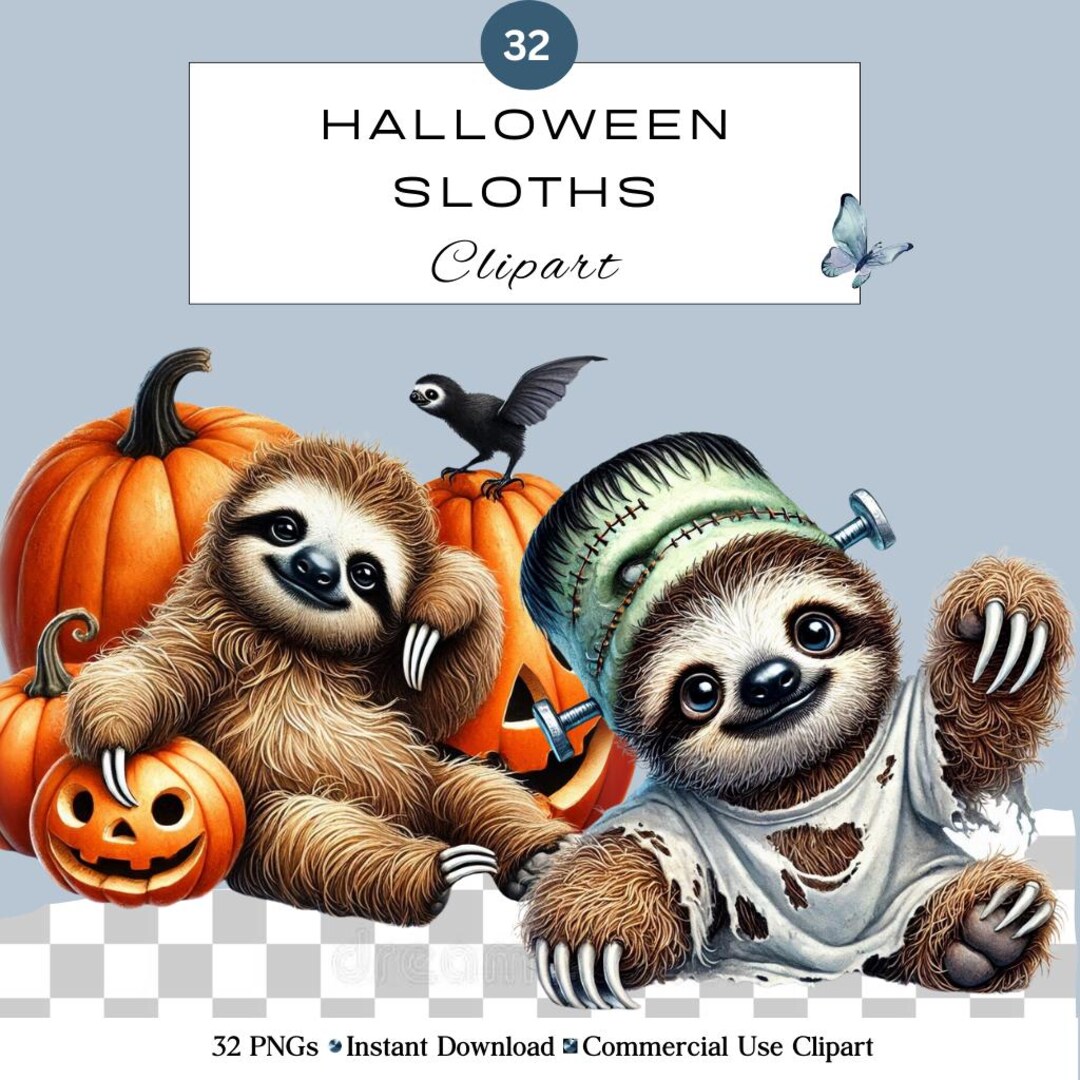 Cute Halloween Sloth PNG Clipart Bundle | Junk Journal Scrapbooking ...