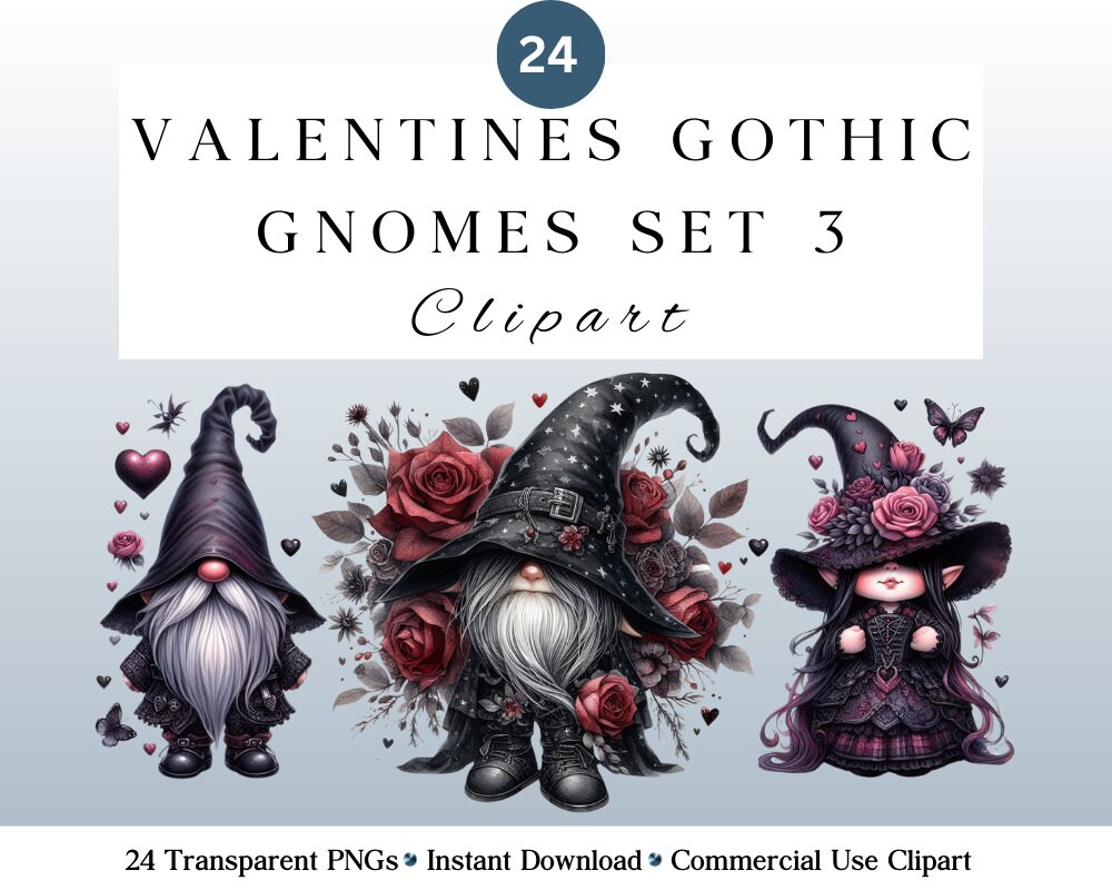 24 Gothic Valentine Gnomes Clipart PNG Set 3 Romantic Gnomes ...