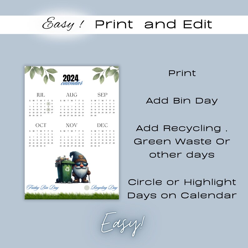 Cute Gnome Rubbish Collection Calendar | 2024 - 2025 | Bin Collection ...