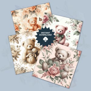Cute Floral Teddy Bear Digital Paper | Watercolor Teddys | Baby Shower ...