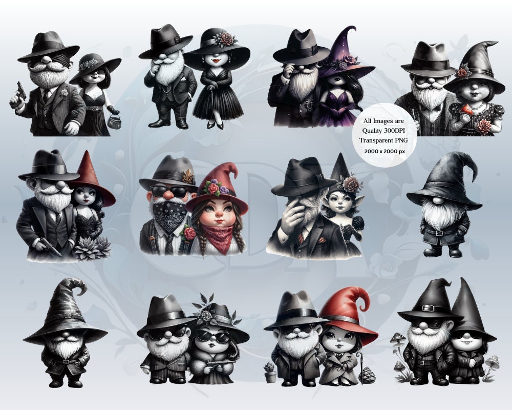 Watercolour Noir Gnome Clipart PNG Bundle 2 | Gangster Gnomes ...