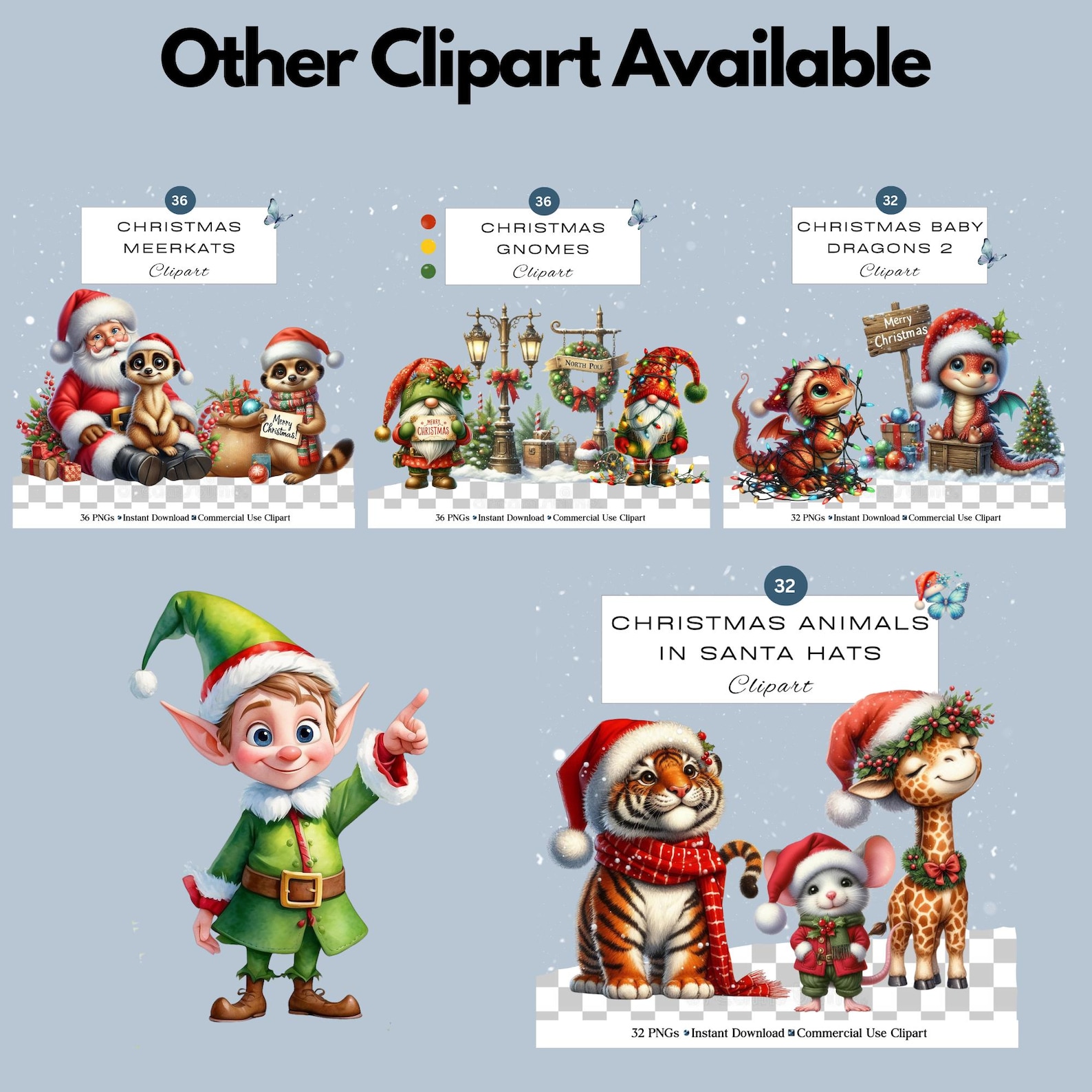 Christmas Cartoon Elf Clipart PNG Bundle | Watercolour Festive Elves ...