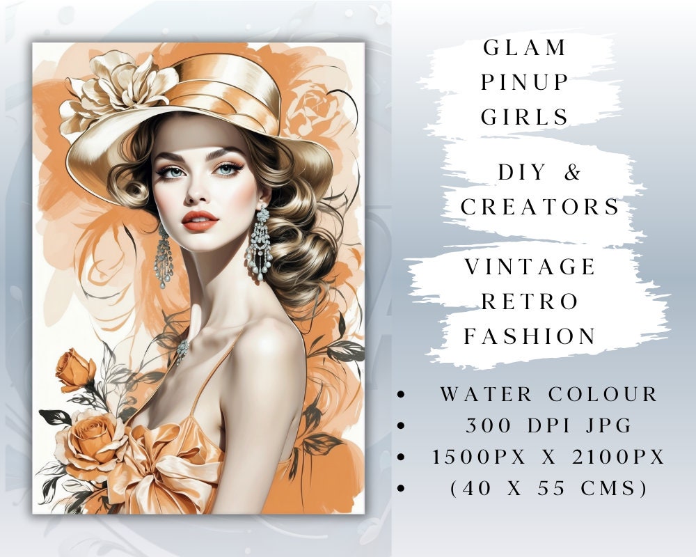 45 Glam Vintage Pinup Girls Clipart | Retro Fashion Models | 10 JPG ...