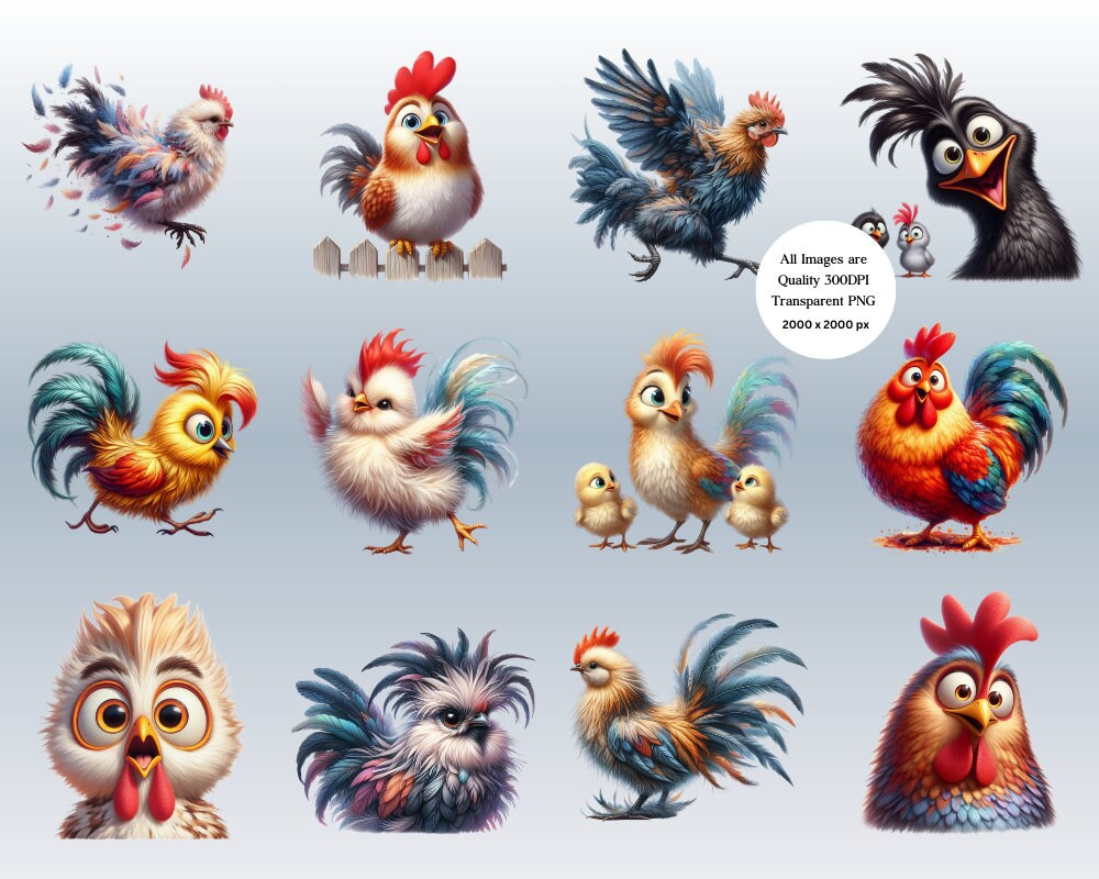 Funny Chicken Clipart Set Cute Chook Pngs Chicken Sublimations for ...