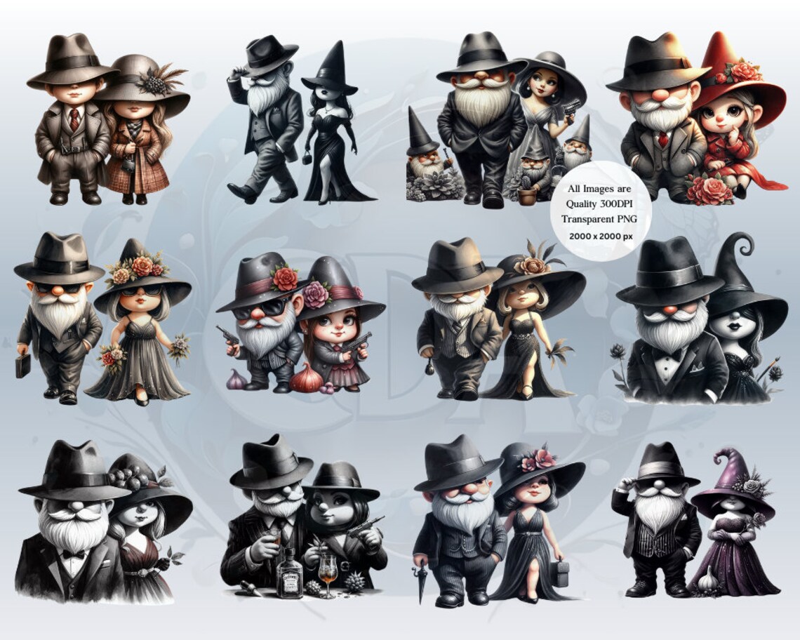 Watercolour Noir Gnome Clipart PNG Bundle 2 | Gangster Gnomes ...