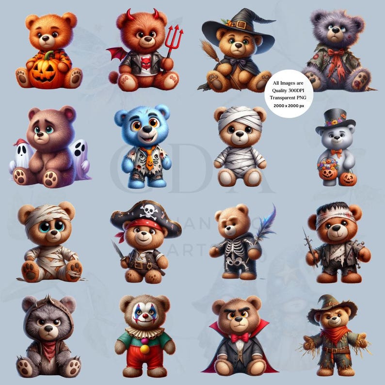 Cute Halloween Teddy Bear Clipart PNG Set 2 | Watercolour Teddy Bears ...