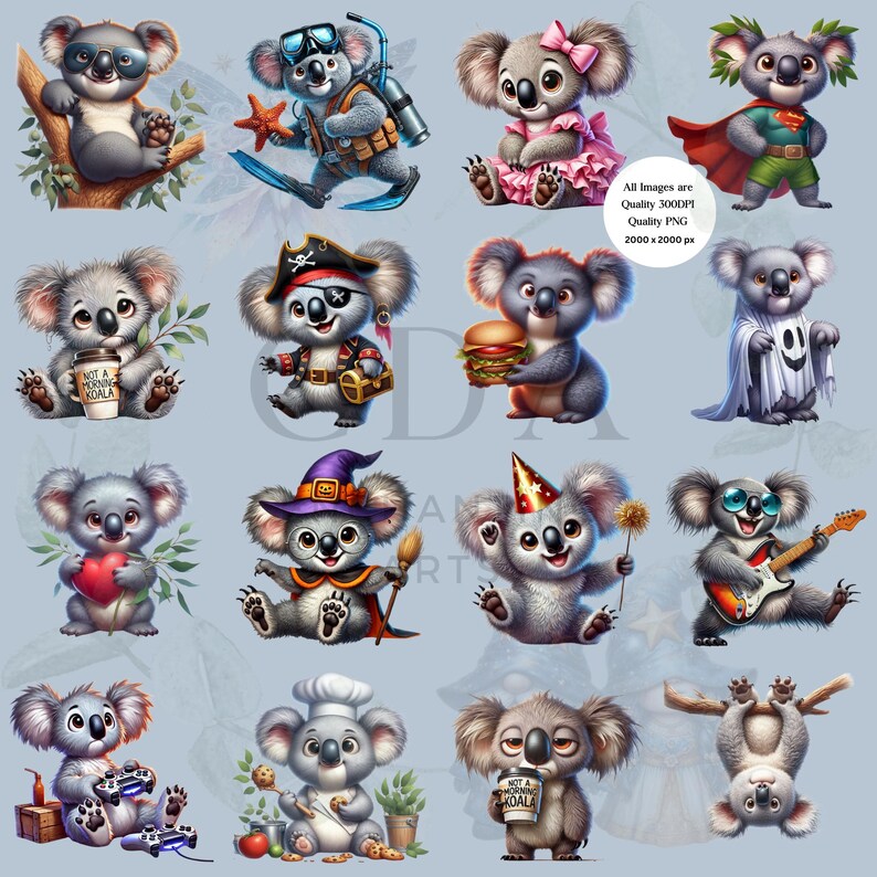 Fun Koala Clipart PNG Bundle | Cute Funny Quirky Koalas | Junk Journal ...