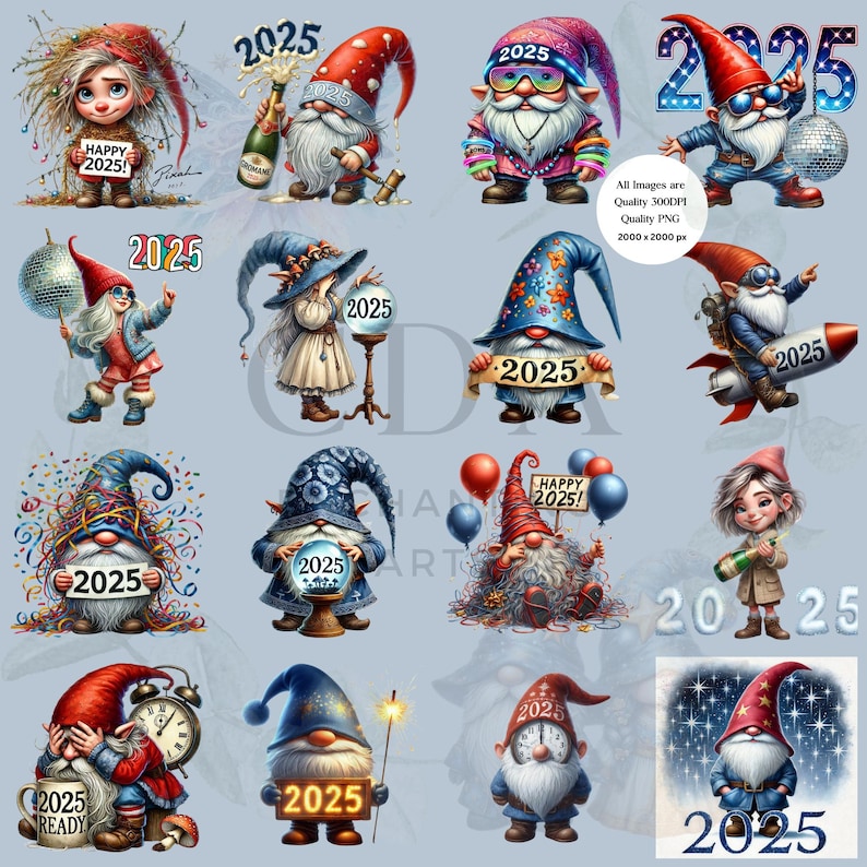 Cute 2025 New Years Eve Gnome Clipart PNG | Watercolourparty Gnomes ...