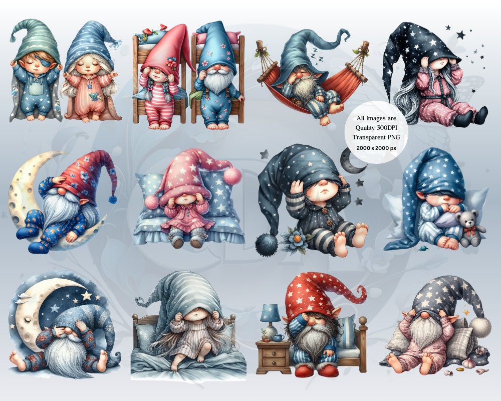 30 Cute Bedtime Gnomes Clipart PNG | Watercolour Sleepy Gnomes | Gnomes in Bed in Pajamas | DIY ...