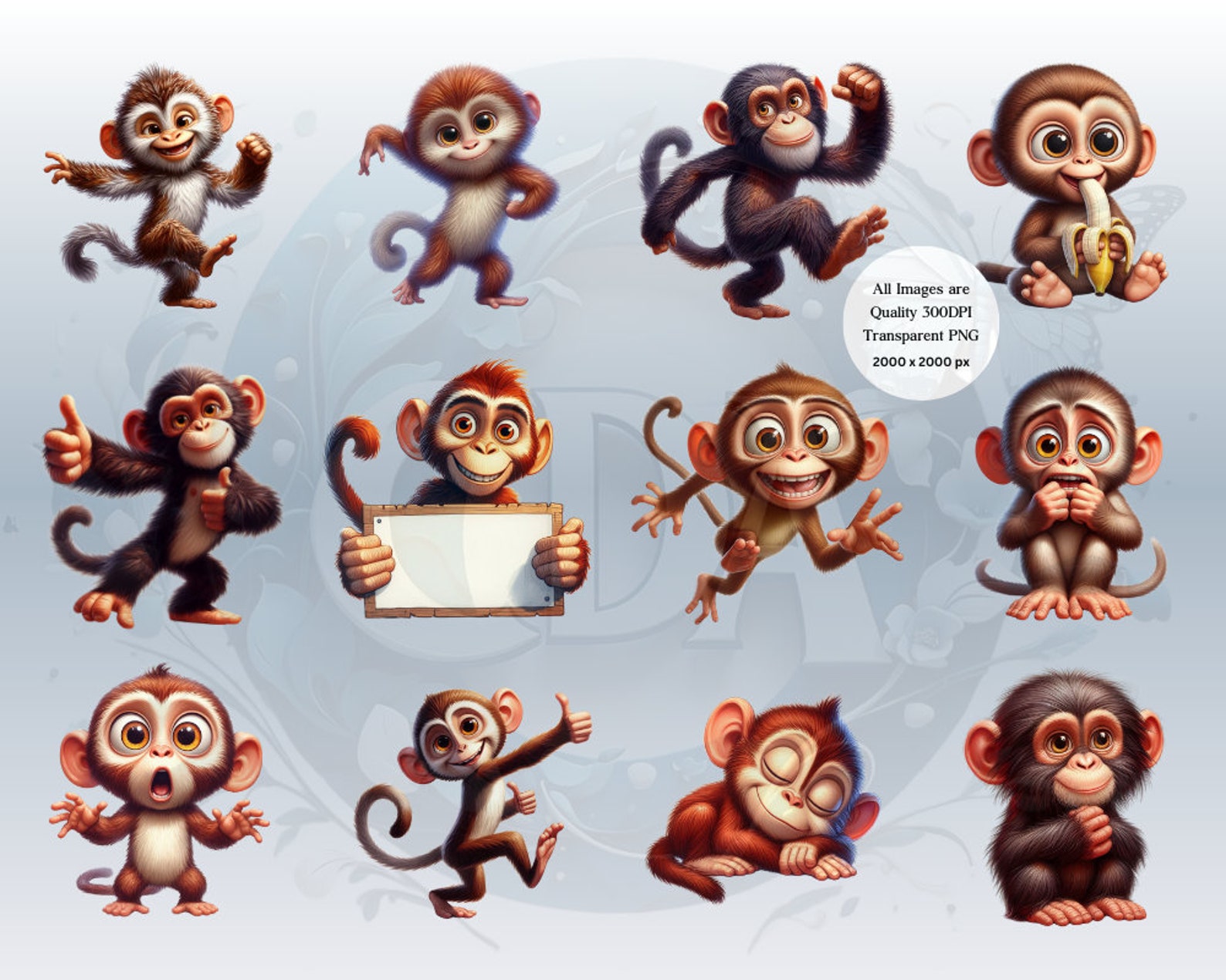 Funny Monkey Clipart Bundle Set 2 Cute Animal PNG Graphics for Creators ...