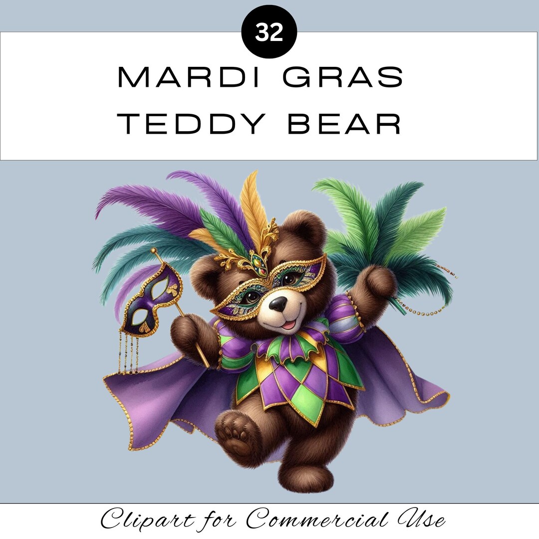 Mardi Gras Teddy Bear Clipart PNG Bundle | Craft Scrapbook Junk Journal ...