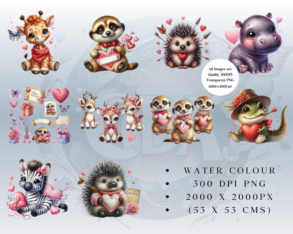 Cute Valentines Animals Clipart PNG | Watercolour Safari Animals | Set ...