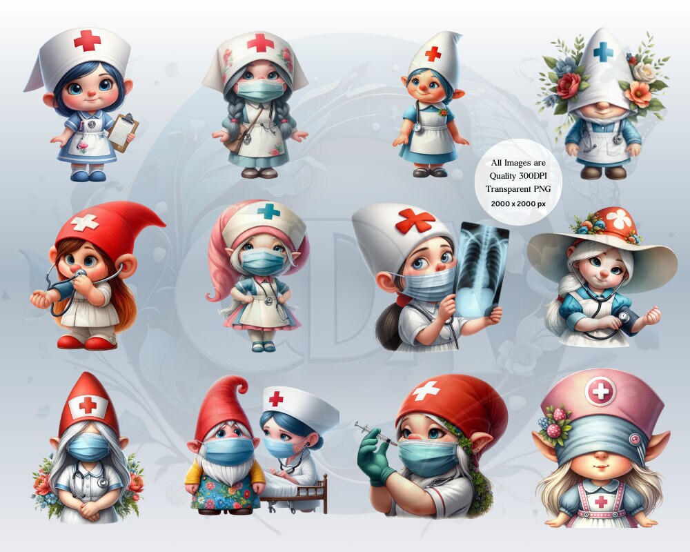 Nurse Gnome Clipart Bundle | International Nurses Day | Watercolor PNG ...