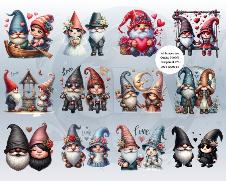 Valentines Gnomes Clipart PNG Set 2 Gnomes in Love Watercolour Gnomes ...