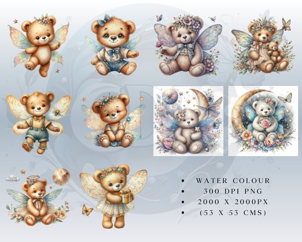 32 Cute Fairy Teddy Bear Clipart PNG Watercolour Fairies Iteddy Bears ...
