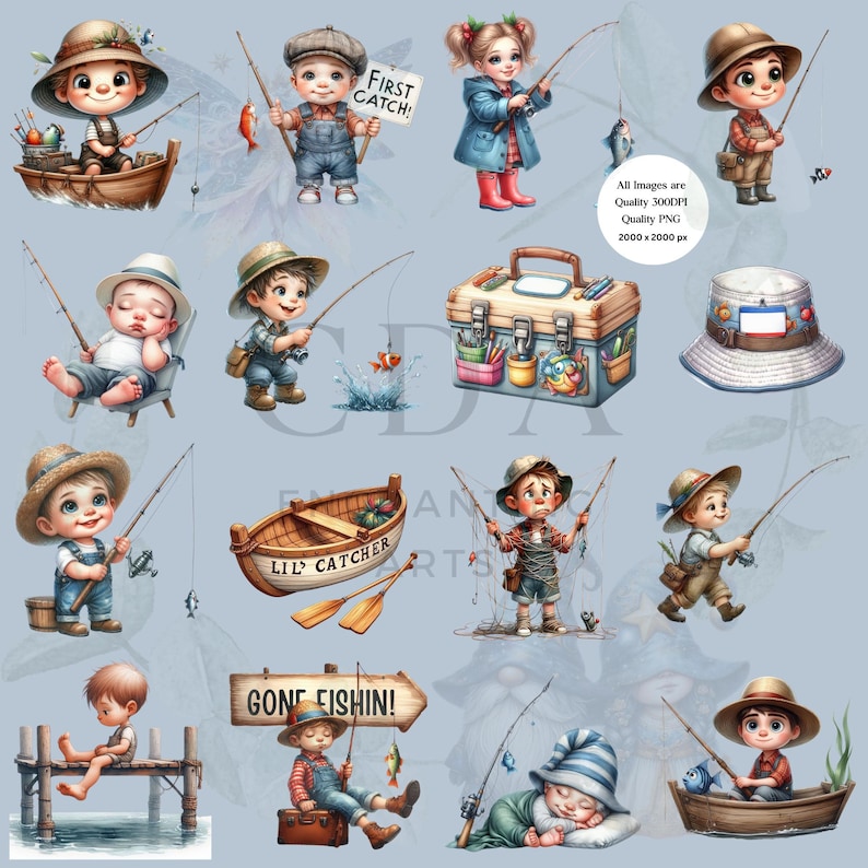 Little Fisherman Clipart Bundle: Watercolor Fishing Kids (PNG Digital ...