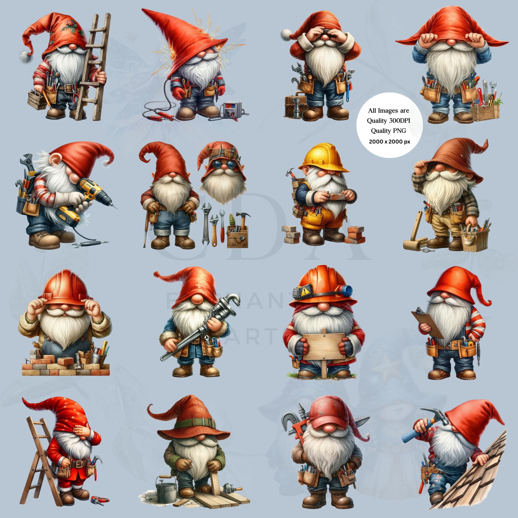 Cute Handyman Gnome Clipart PNG Bundle | Watercolour Construction ...