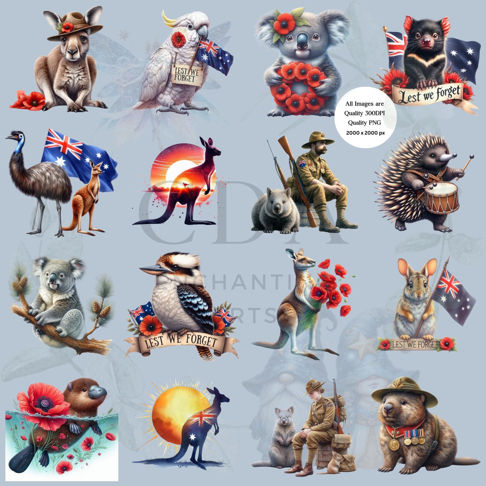 Anzac Australian Animals 2 PNG Clipart Set | Cute Watercolour Aussie ...