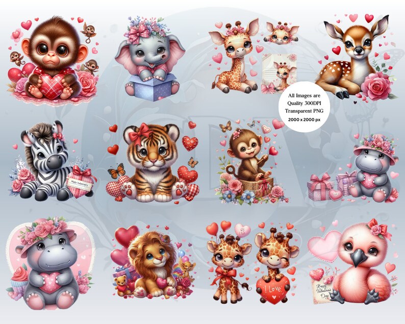 Cute Valentines Animals Clipart PNG | Watercolour Safari Animals in ...