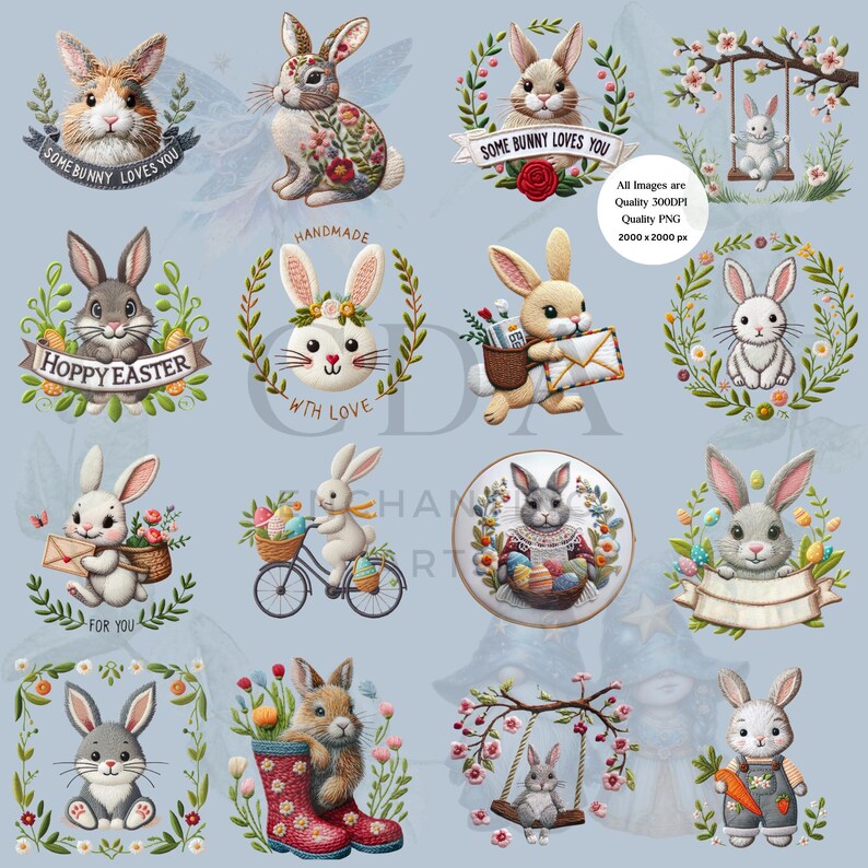 Embroidered Bunny Clipart PNG Bundle | Watercolour Cute Easter Bunnies ...