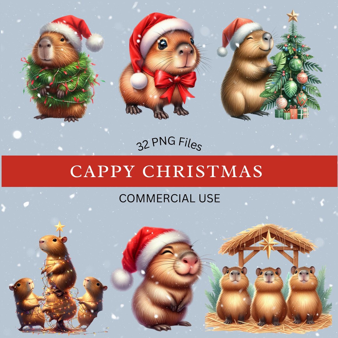 Cappy Christmas Clipart PNG Set | Holiday Watercolour Capybara Tshirt ...