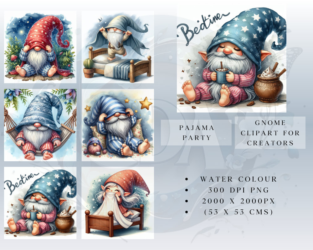 30 Cute Bedtime Gnomes Clipart PNG | Watercolour Sleepy Gnomes | Gnomes in Bed in Pajamas | DIY ...