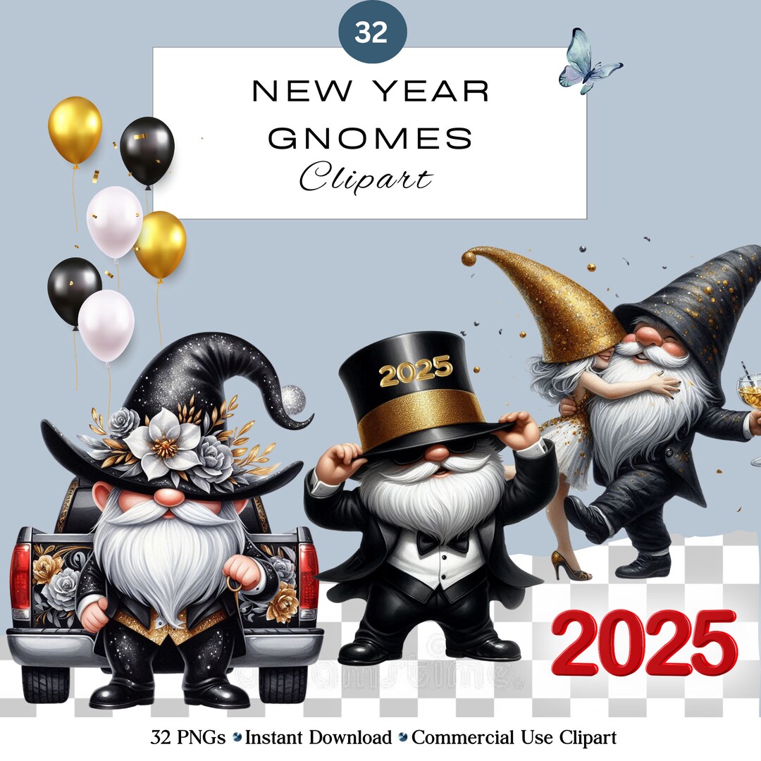 Cute New Years Eve Gnome Clipart PNG Bundle | Watercolourparty Gnomes ...