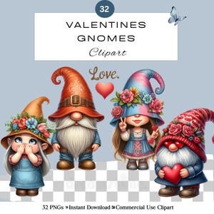 Valentines Gnomes Clipart PNG Set 2 Gnomes in Love Watercolour Gnomes ...