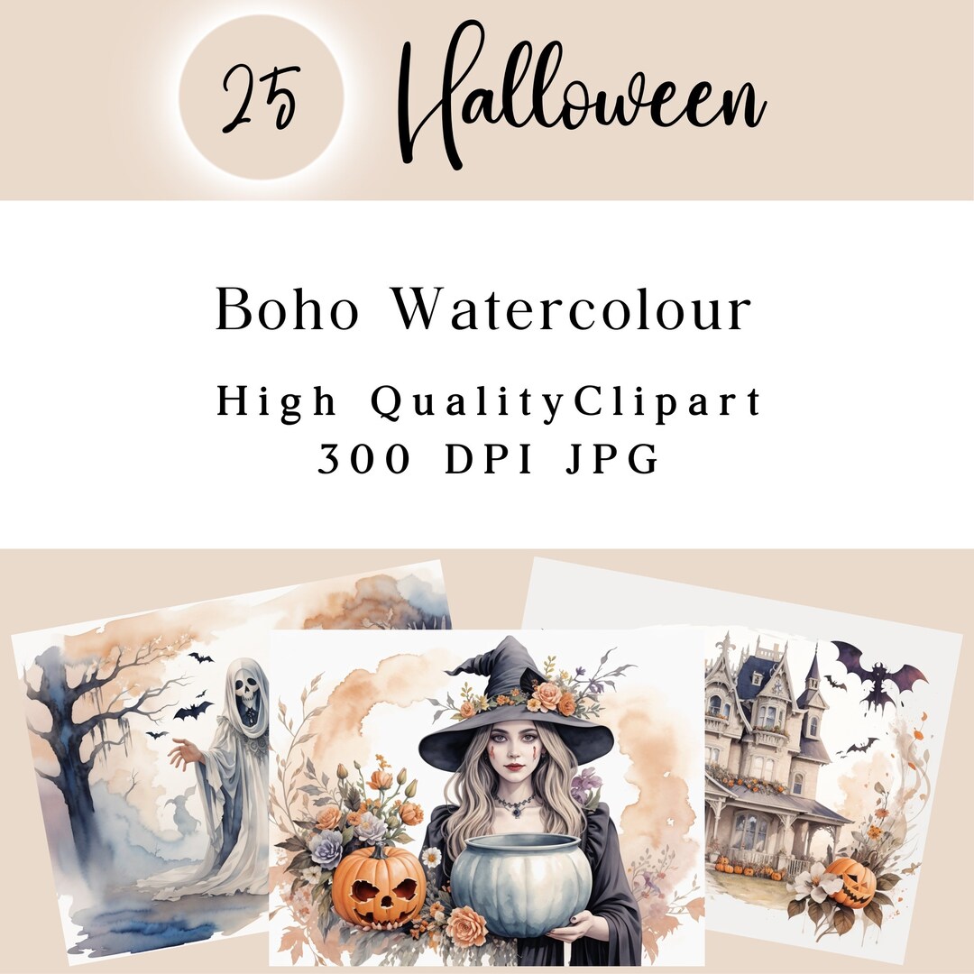 25 Boho Halloween Watercolour Clipart JPG Set 2 300 DPI 5 X 7 Instant ...