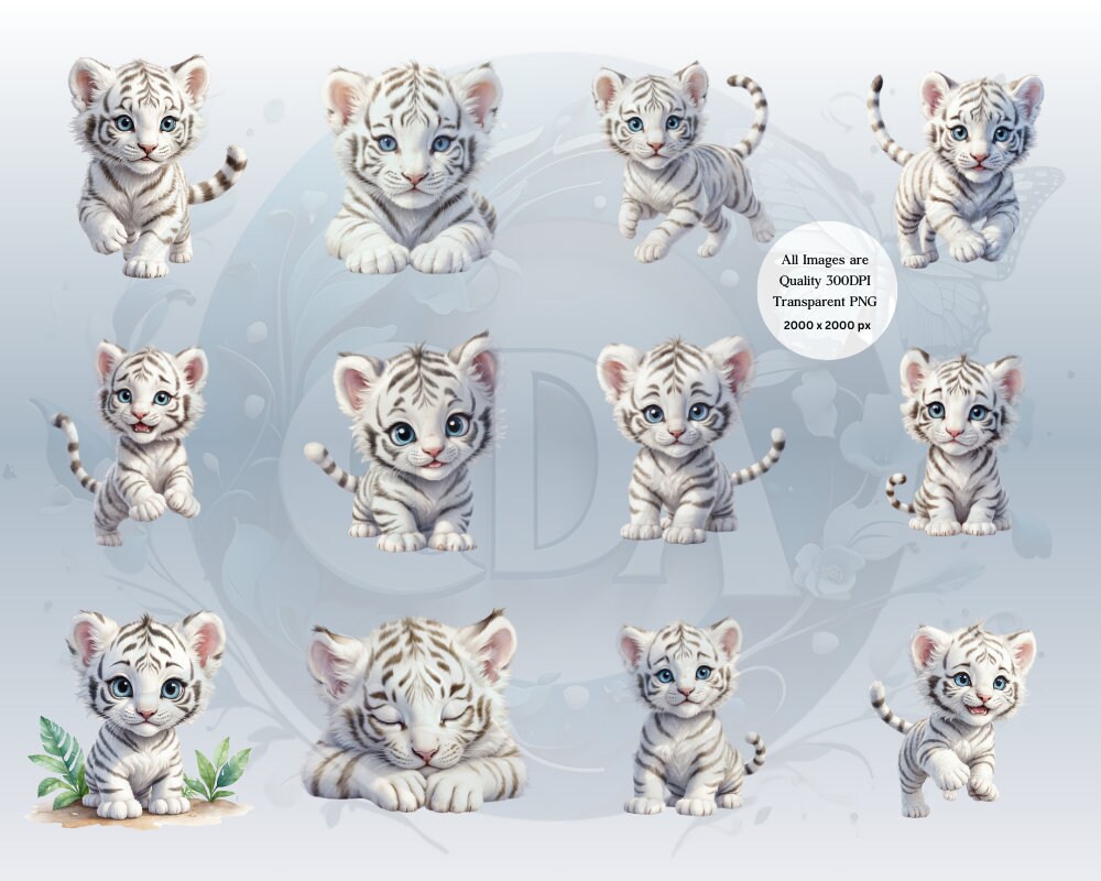 Cute Baby Tiger PNG Adorable White Tiger Cub Clipart Bundle Safari ...