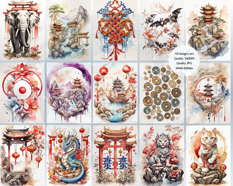 Chinese Lucky Feng Shui Symbols Clipart JPG | Watercolour Luck Remedy ...