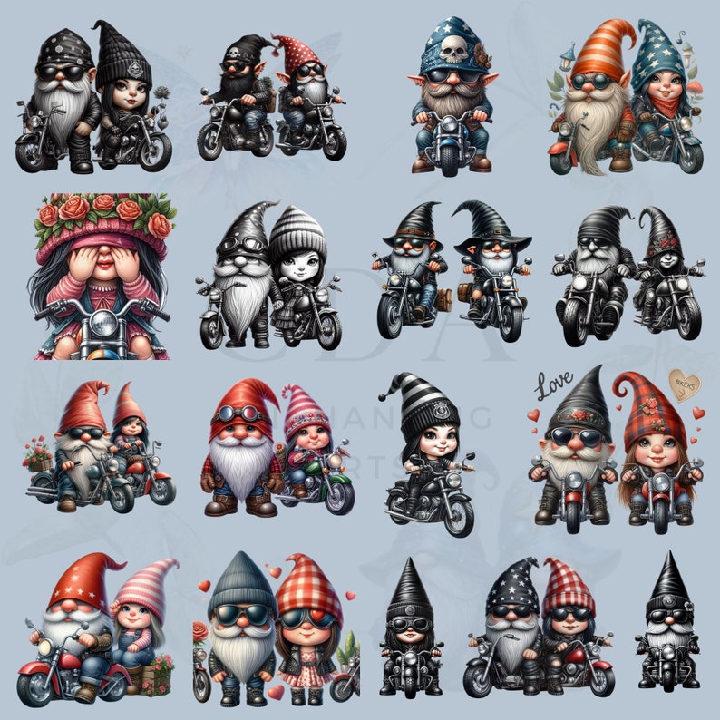 35 Adorable Biker Gnomes Clipart PNG Watercolour Gnomes DIY and Creators Commercial Use - Etsy