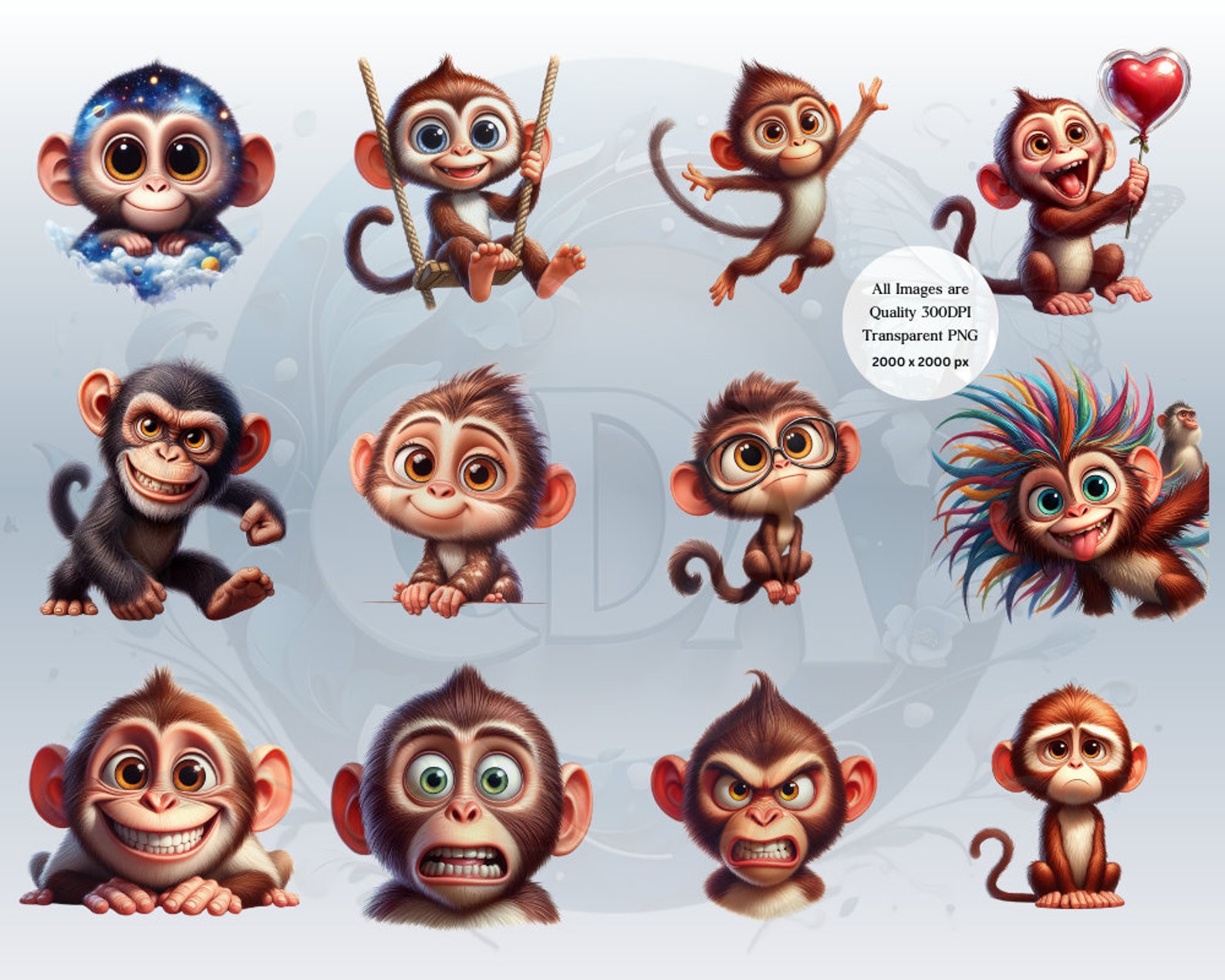 Funny Monkey Clipart Bundle Set 2 Cute Animal PNG Graphics for Creators ...