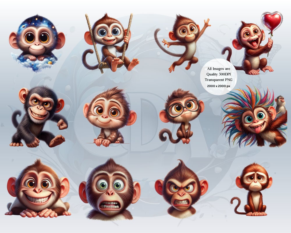 Funny Monkey Clipart Bundle Set 2 Cute Animal PNG Graphics for Creators ...
