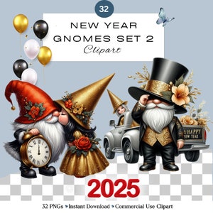 Cute New Years Eve Gnome Clipart PNG Set 2 Watercolourparty Gnomes Junk ...