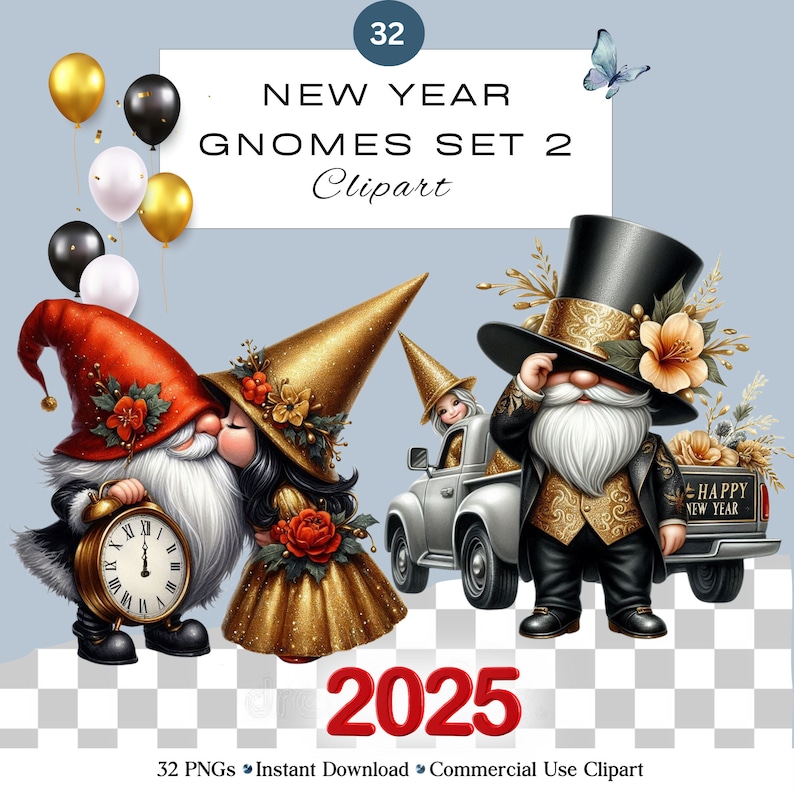 Cute New Years Eve Gnome Clipart PNG Set 2 Watercolour Festive Holiday ...