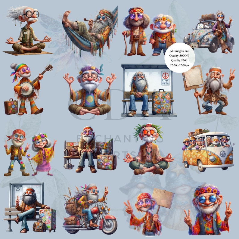 Funny Grandpa Hippie PNG Clipart Set | Cute Quirky Old Man Sublimation ...