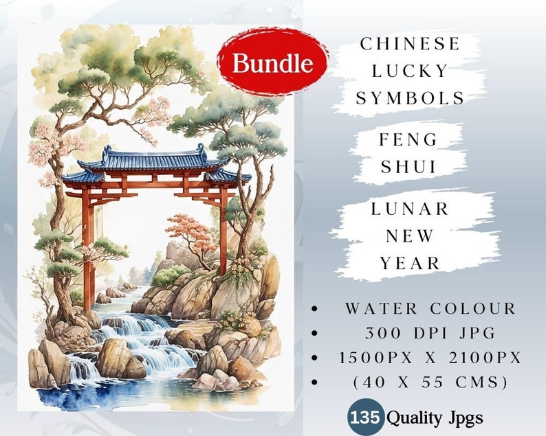 Chinese Lucky Feng Shui Symbols Clipart JPG | Watercolour Luck Remedy ...